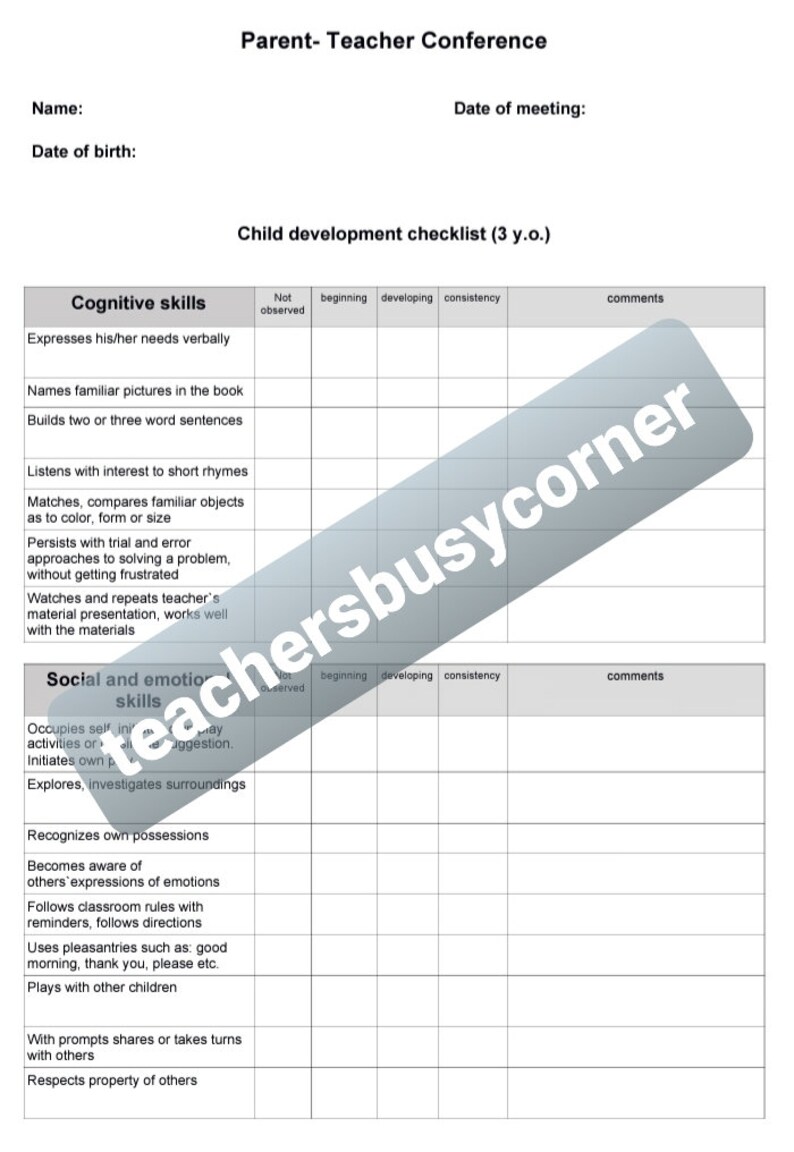Child Development Checklist: Parent-teacher Conference, 3 Y.o. (PDF) - Etsy