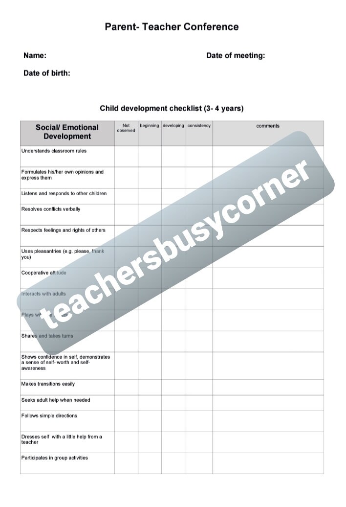 Parent- Teacher Conference/ Child Development Checklist 3-4 Years/ Set ...