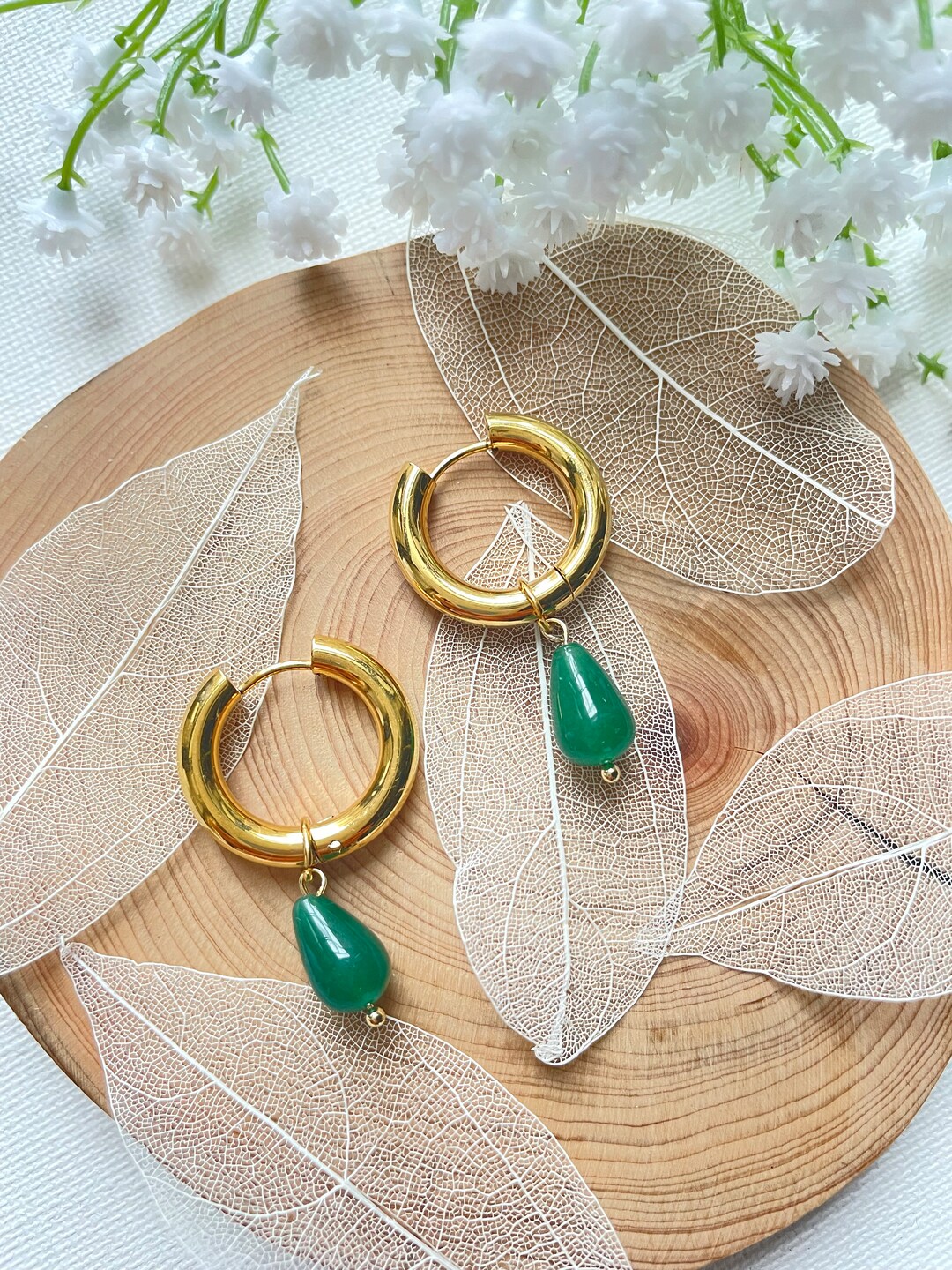 Jade Drop Gold Huggie Earrings, Green Jade Earring, Good Luck Stone ...