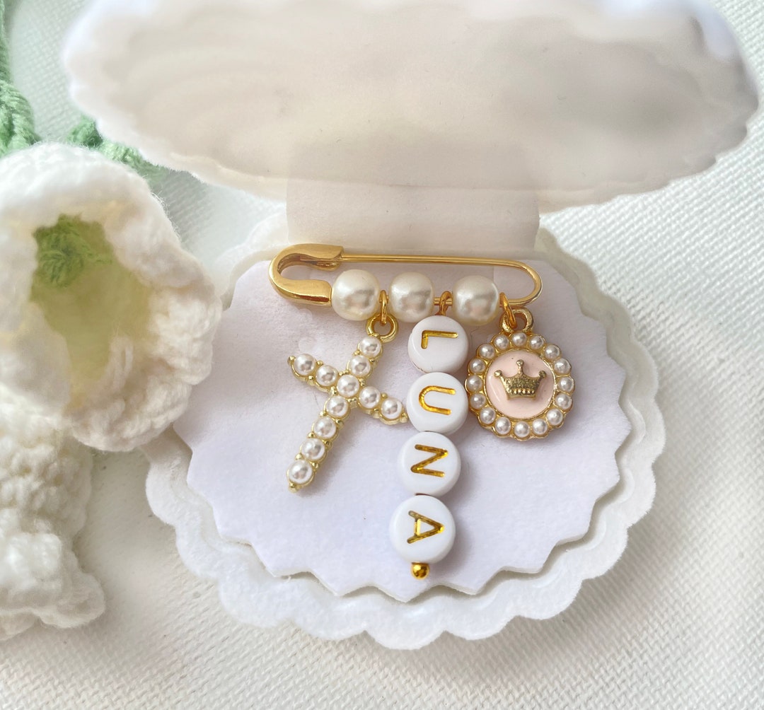 Personalized Pearl Bead Gold Baby Pin Baby Brooch Baptism Pin Stroller ...