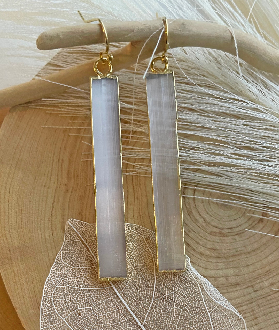 Selenite Earrings, Minimalist Selenite Gypsum Earrings, Dangle Crystal ...