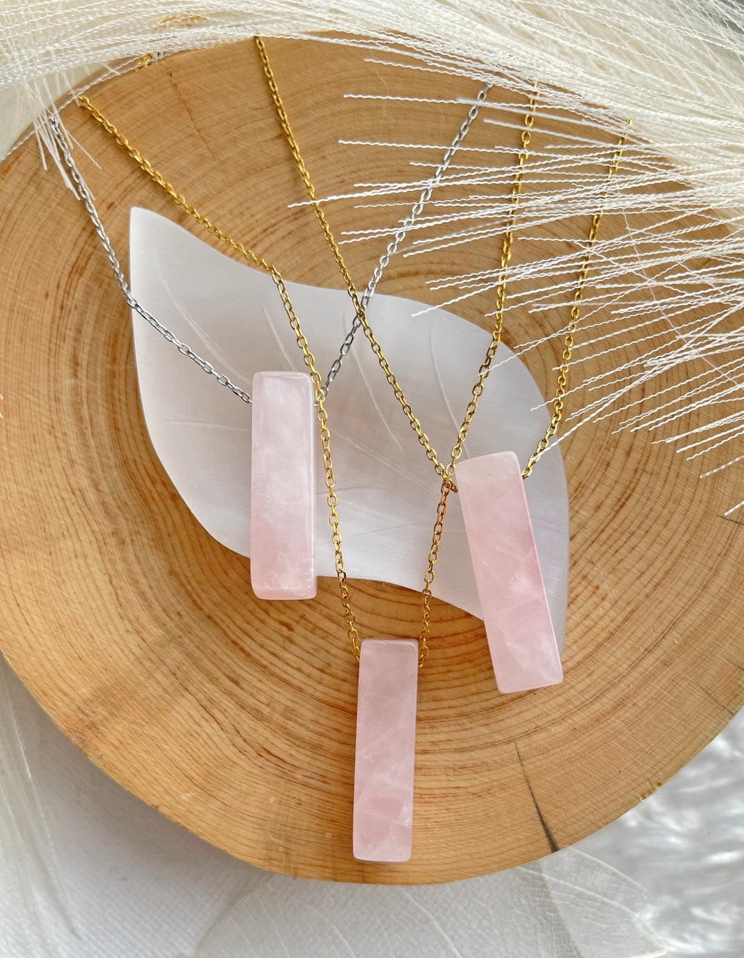 Minimalist Rose Quartz Pendant Bar Necklace, Layering Pink Crystal ...