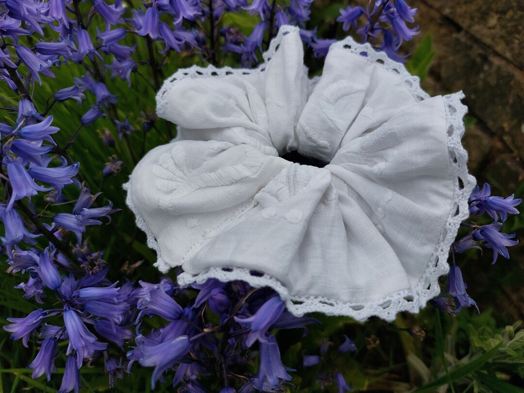 White Embroidered Scrunchie With Crochet Lace,lace Scrunchie, White ...