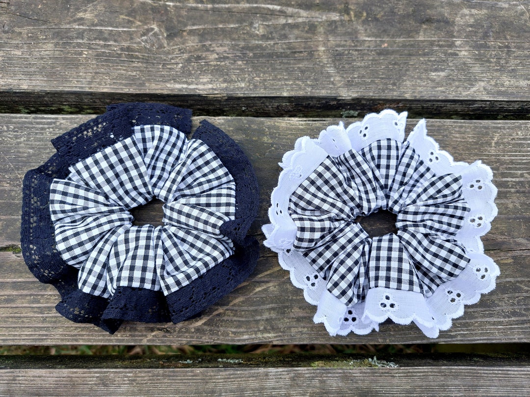 Black Gingham Scrunchie With White or Black Lace, Large Gingham ...