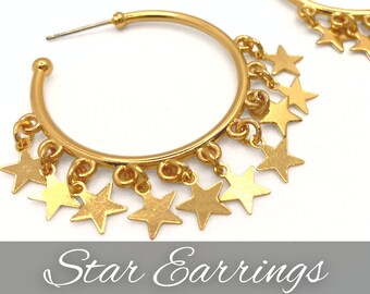 14k Gold Star Hoop Earrings Solid Gold Celestial Hoops - Etsy