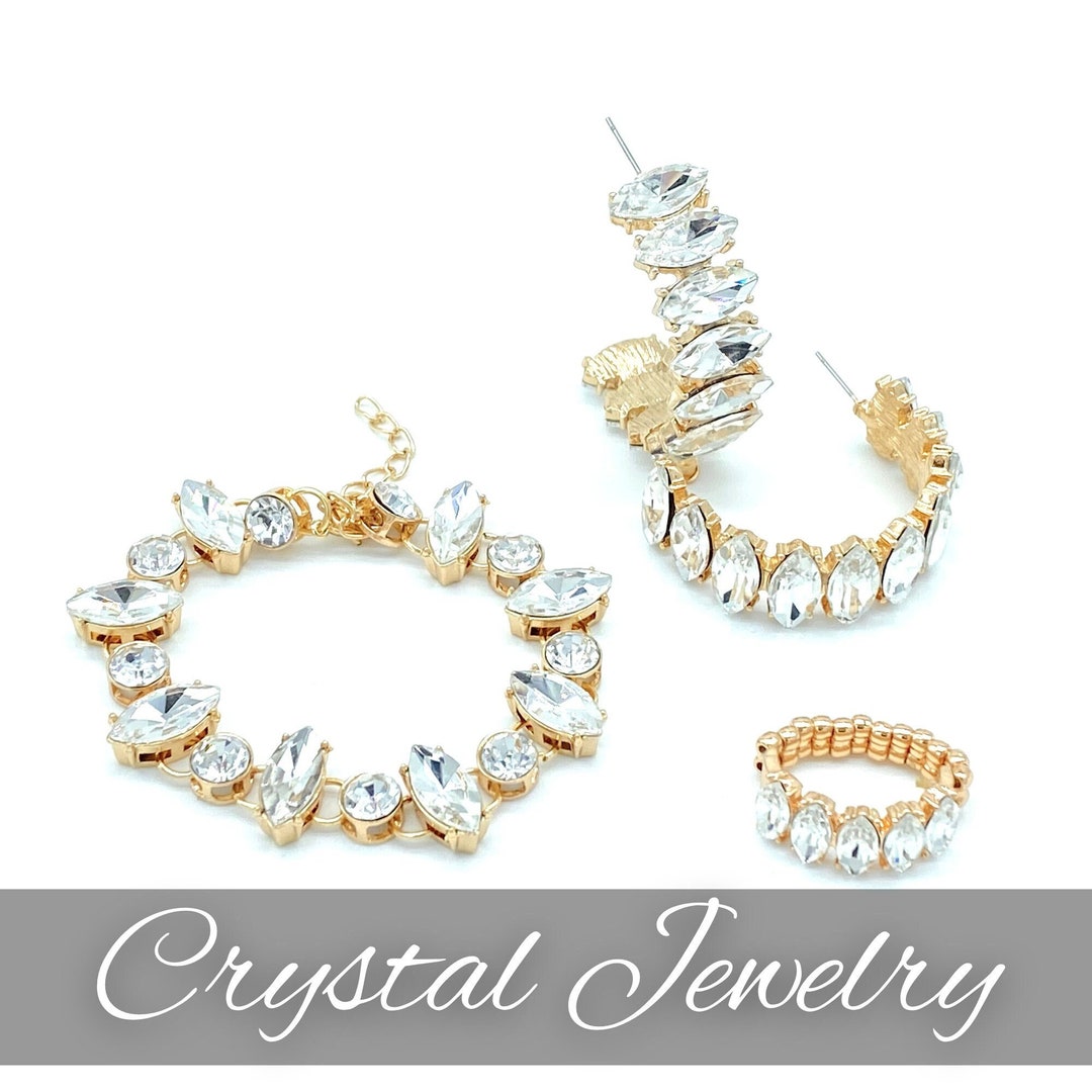 Gold Crystal Jewelry Set: Crystal Hoop Earrings, Elegant Bracelet, and ...