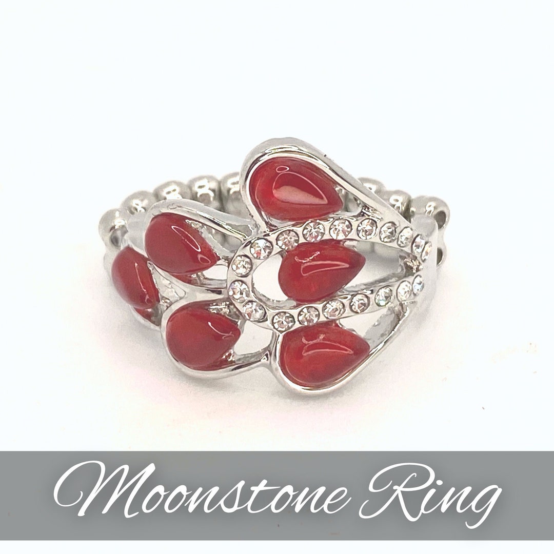 Red Moonstone Stretch Ring With Round Crystals in Silver Adjustable ...