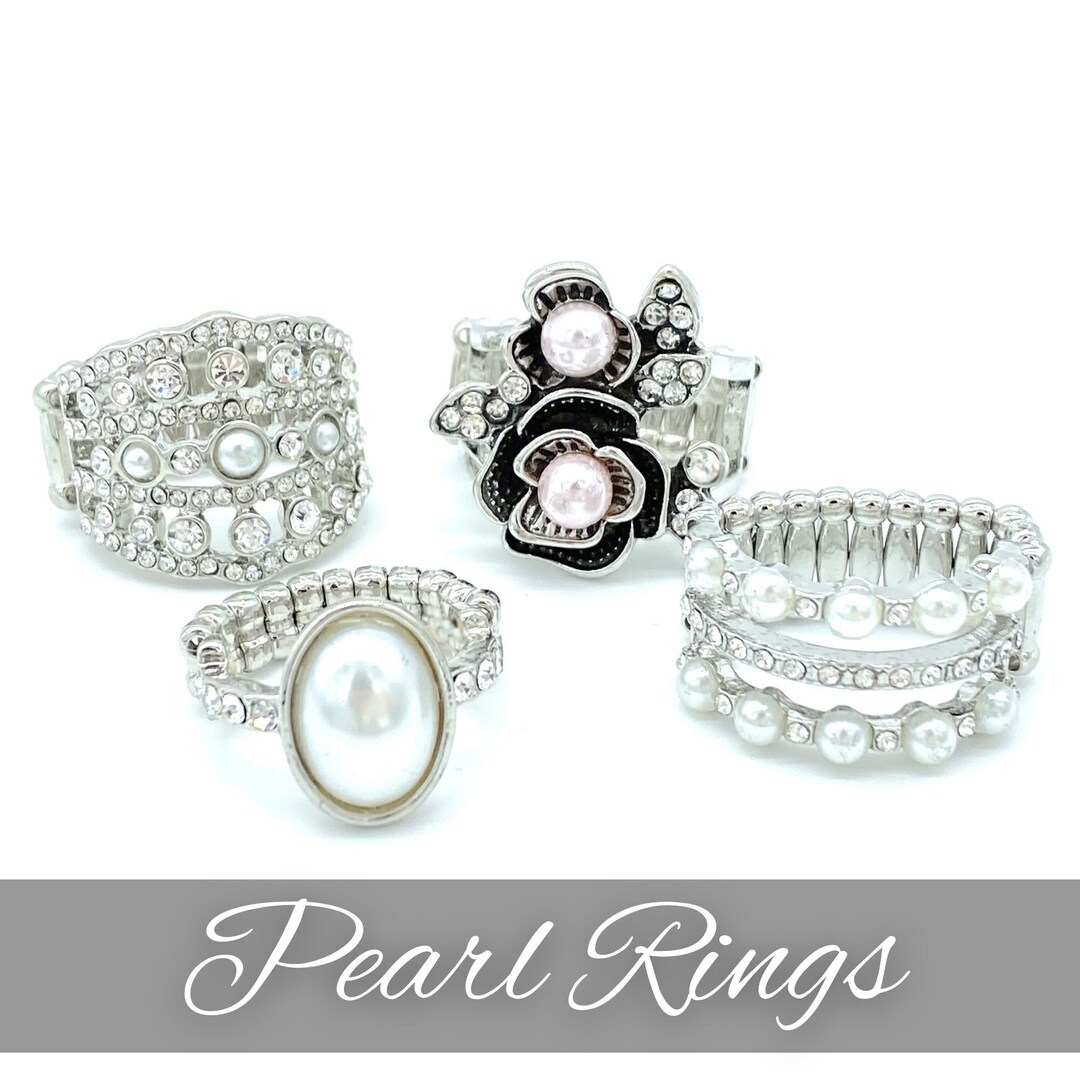 Stretch Rings With Pearls and Crystals in Adjustable Ring Band in ...