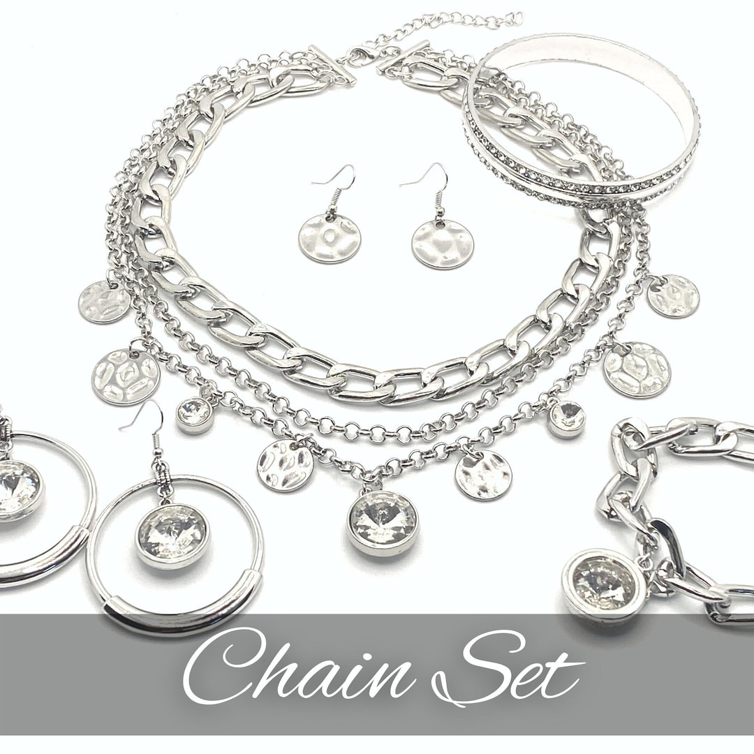 Thick Chain Jewelry Set in Silver With Statement Earrings, Layering ...