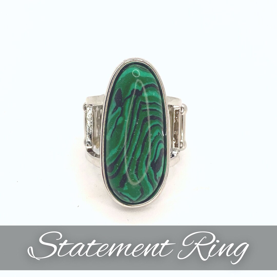 Chunky Ring With Green Oval Bead Stretch Ring Band Silver Adjustable ...