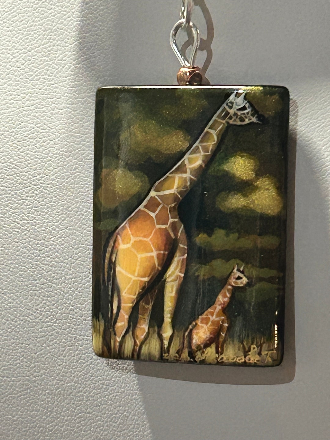 Hand Painted Giraffe and Baby on Black Agate With Sterling Silver Chain ...