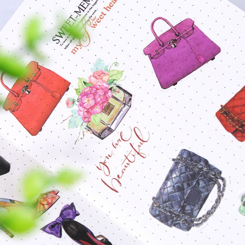 6 Sheets Fashion Stickers, Washi Sticker Sheets, Handbag, High Heel ...