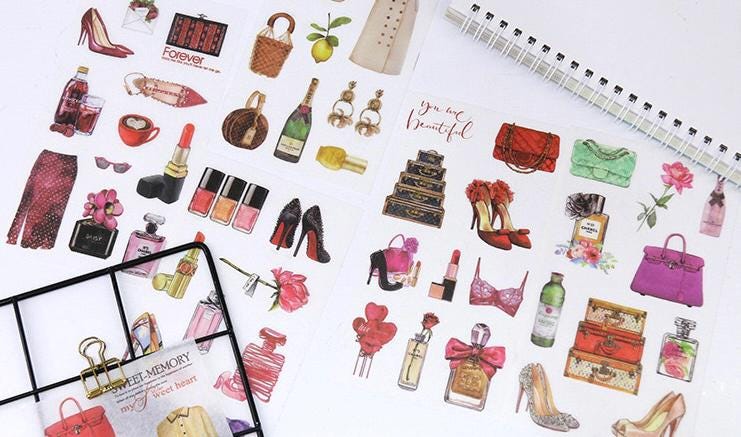 6 Sheets Fashion Stickers, Washi Sticker Sheets, Handbag, High Heel ...