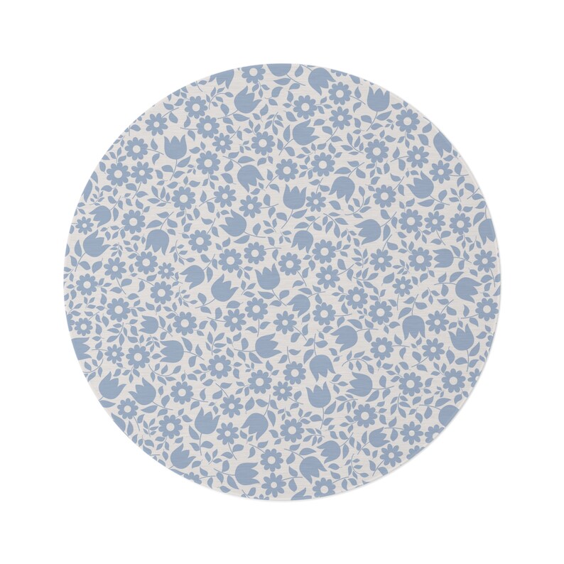 Light Blue and White Floral Round Rug - Etsy
