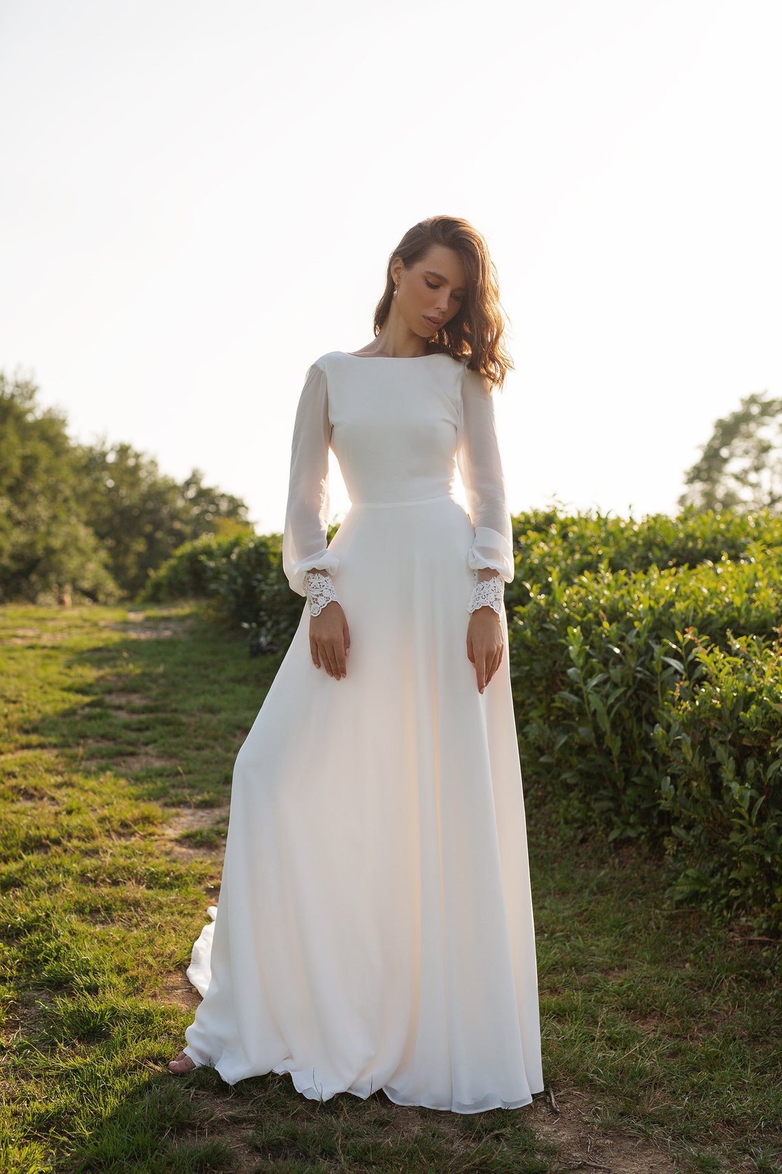 Simple Boho Wedding Dress Long Sleeves Chiffon Wedding Dress - Etsy