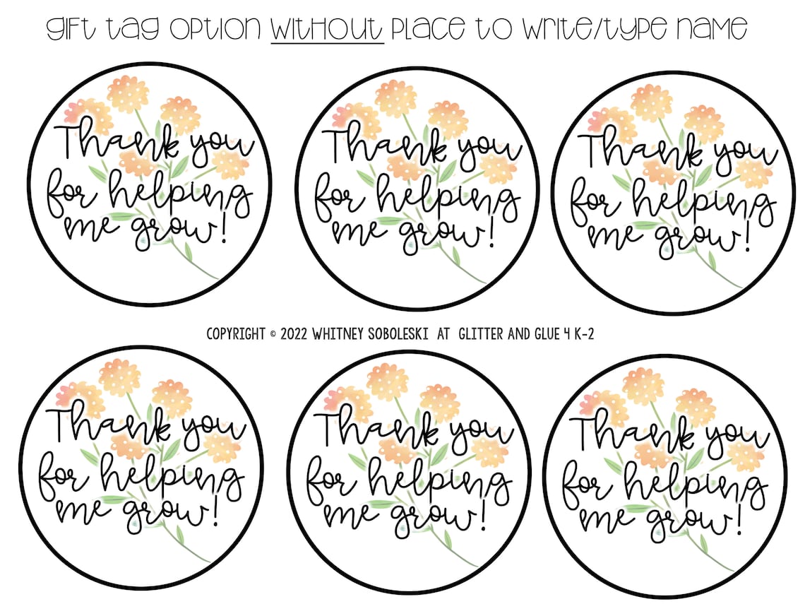 Thank You for Helping Me Grow Gift Tags/printable /thank You Tag ...