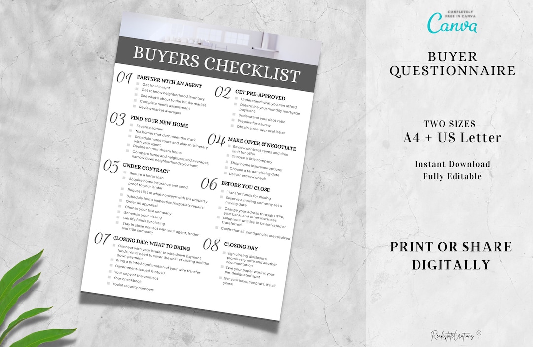 Real Estate Home Buyer's Checklist, Real Estate Marketing, Printable ...