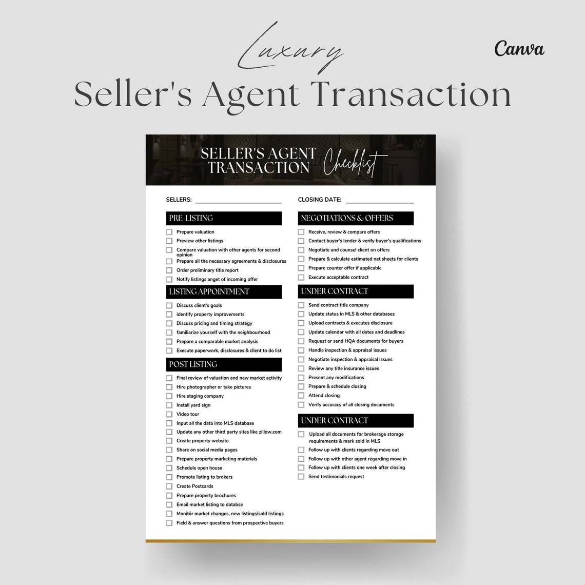 Luxury Seller's Agent Transaction Checklist, Real Estate Transaction ...