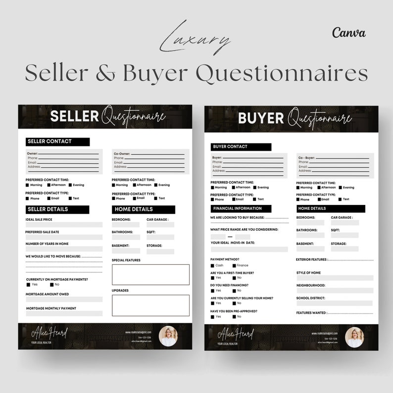 Luxury Buyer & Seller Questionnaire Templates, Real Estate Home Buyer ...