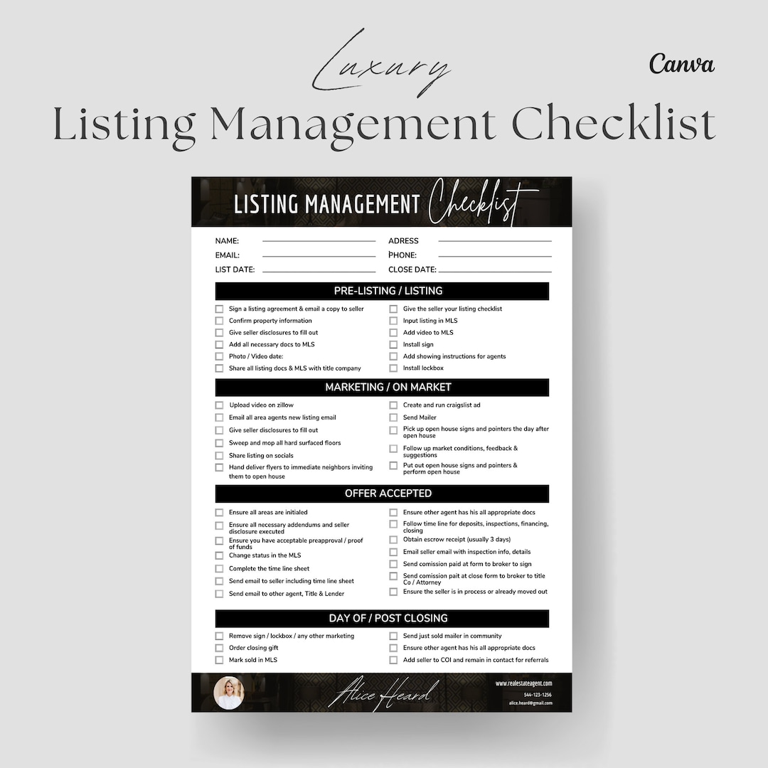 Luxury Real Estate Listing Management Checklist, Real Estate Marketing ...