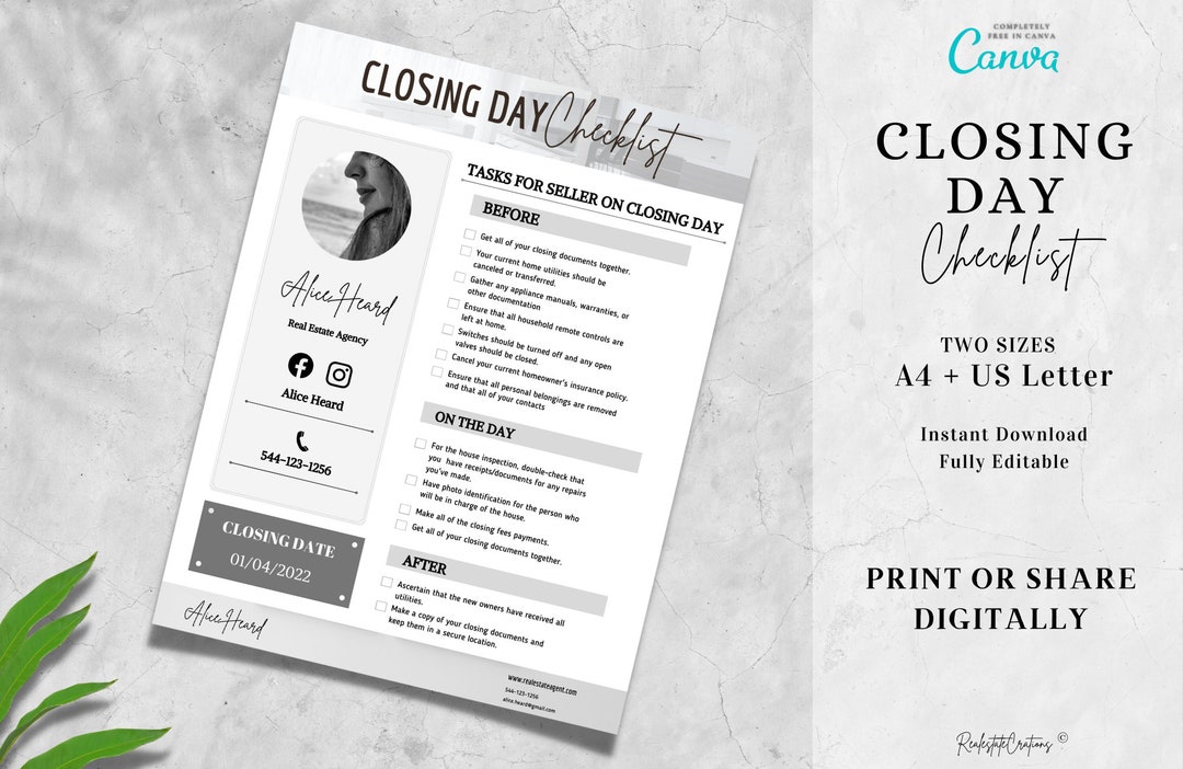 Closing Checklist, Real Estate Checklist, Seller Closing Day Checklist ...