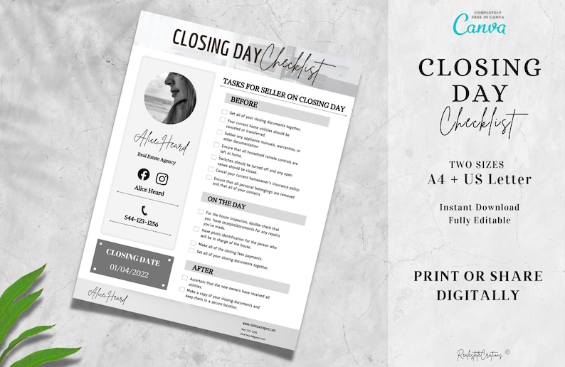 Closing Checklist, Real Estate Checklist, Seller Closing Day Checklist ...