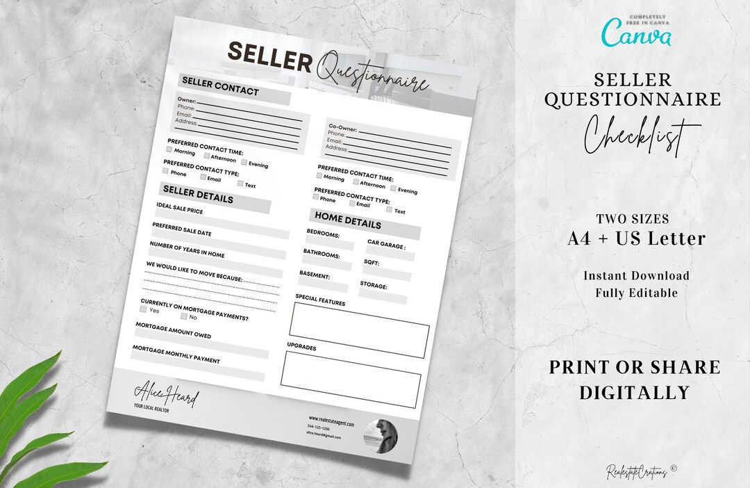 Real Estate Seller Questionnaire, Seller Consultation Form, Client ...