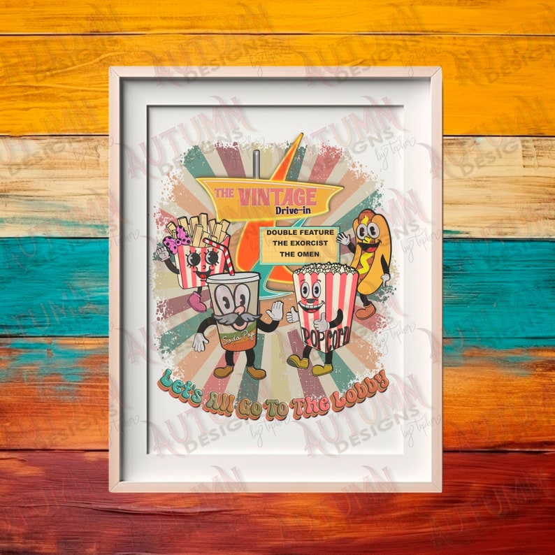 Retro Drive-in Snack Characters Sublimation Design, Movie Night ...