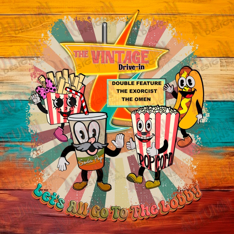 Retro Drive-in Snack Characters Sublimation Design, Movie Night ...