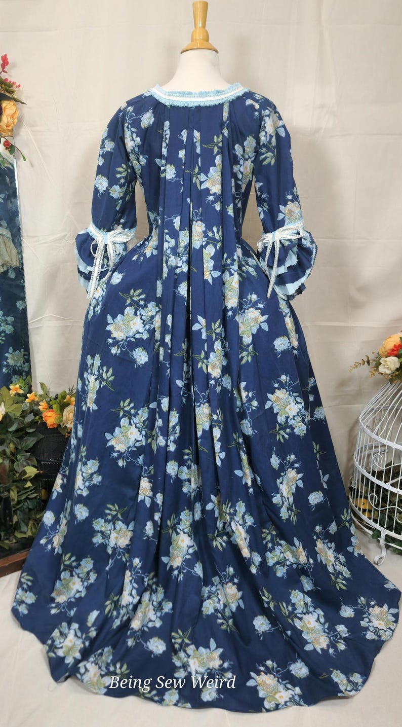 18th Century Rococo Gown - Dark Blue Floral Cotton Marie Antoinette ...