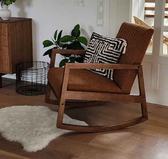Mid Century Armchair Leather Rocking Chair Retro Armchair Padded Accent Chair with Solid Wood Legs