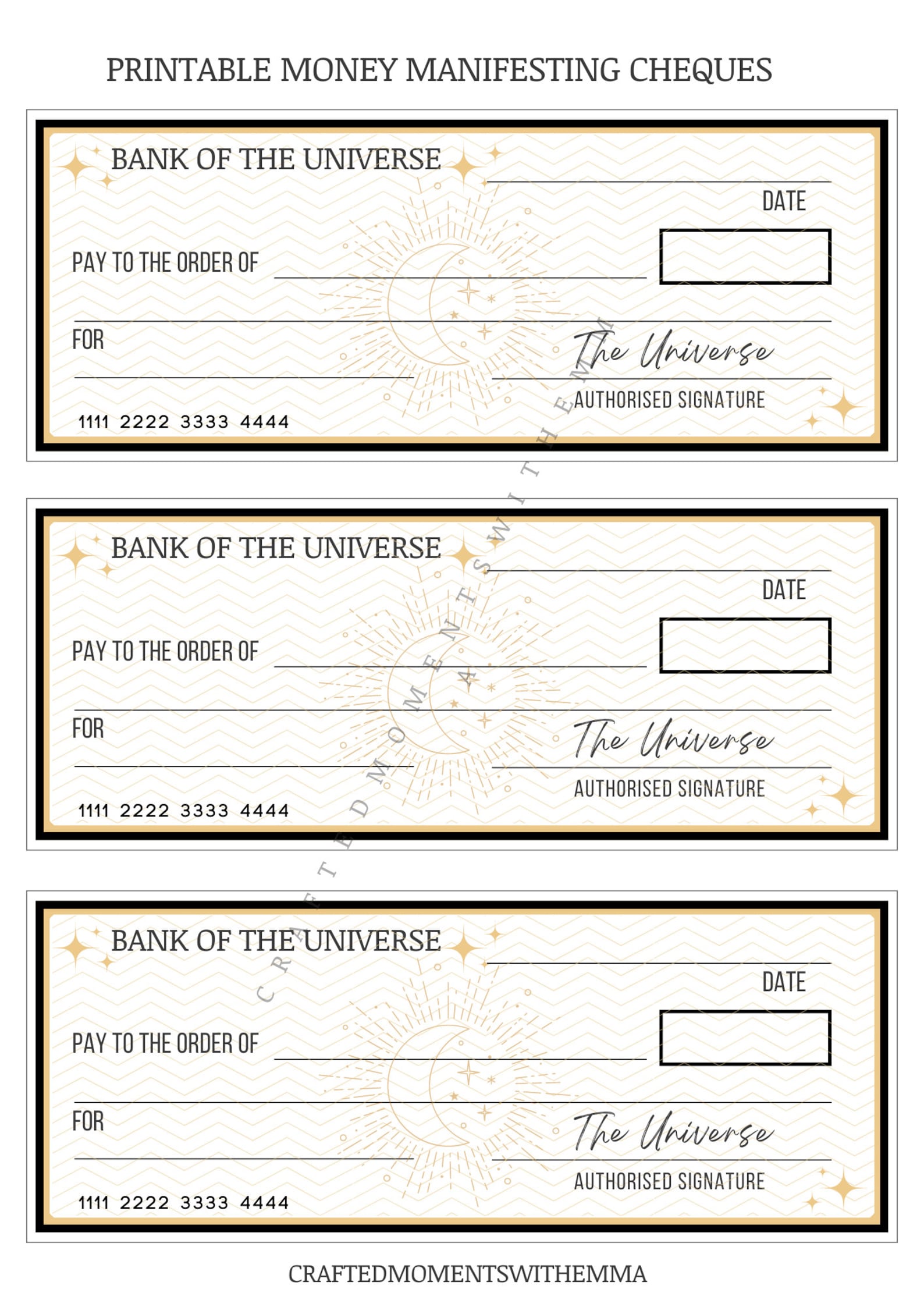 Printable Money Manifesting Blank Checks, 3 Cheques, Law of Attraction ...