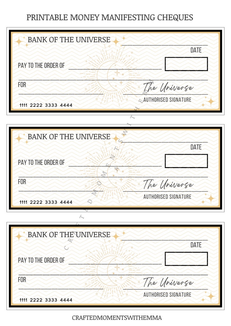 Printable Money Manifesting Blank Checks, 3 Cheques, Law of Attraction ...