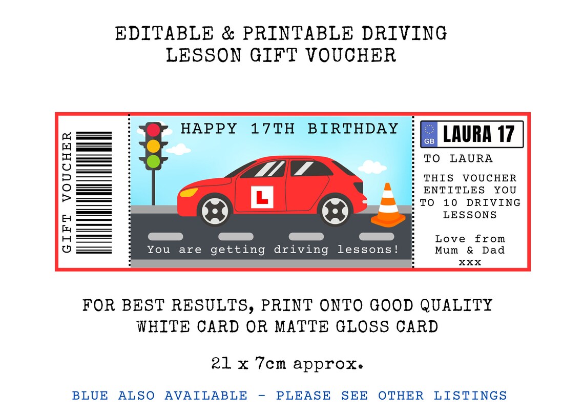 Editable & Printable RED Driving Lesson Gift Voucher, Pretend Gift ...