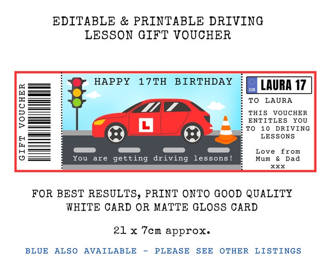 Editable & Printable RED Driving Lesson Gift Voucher, Pretend Gift ...