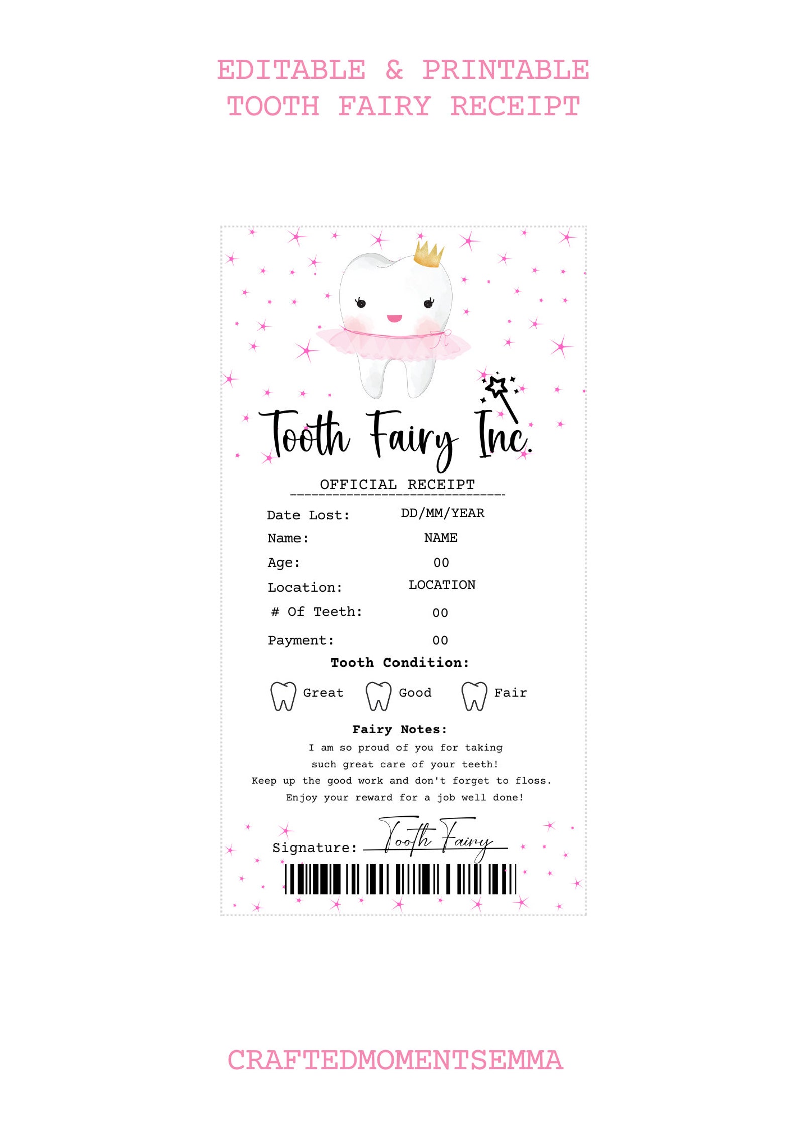 Editable & Printable Tooth Fairy Receipt for Girls, Pink Tooth Fairy ...