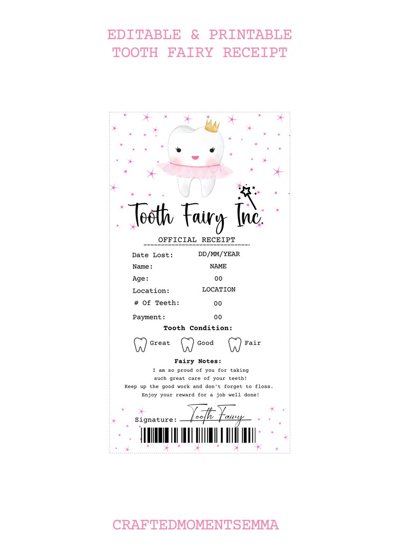 Editable & Printable Tooth Fairy Receipt for Girls, Pink Tooth Fairy ...