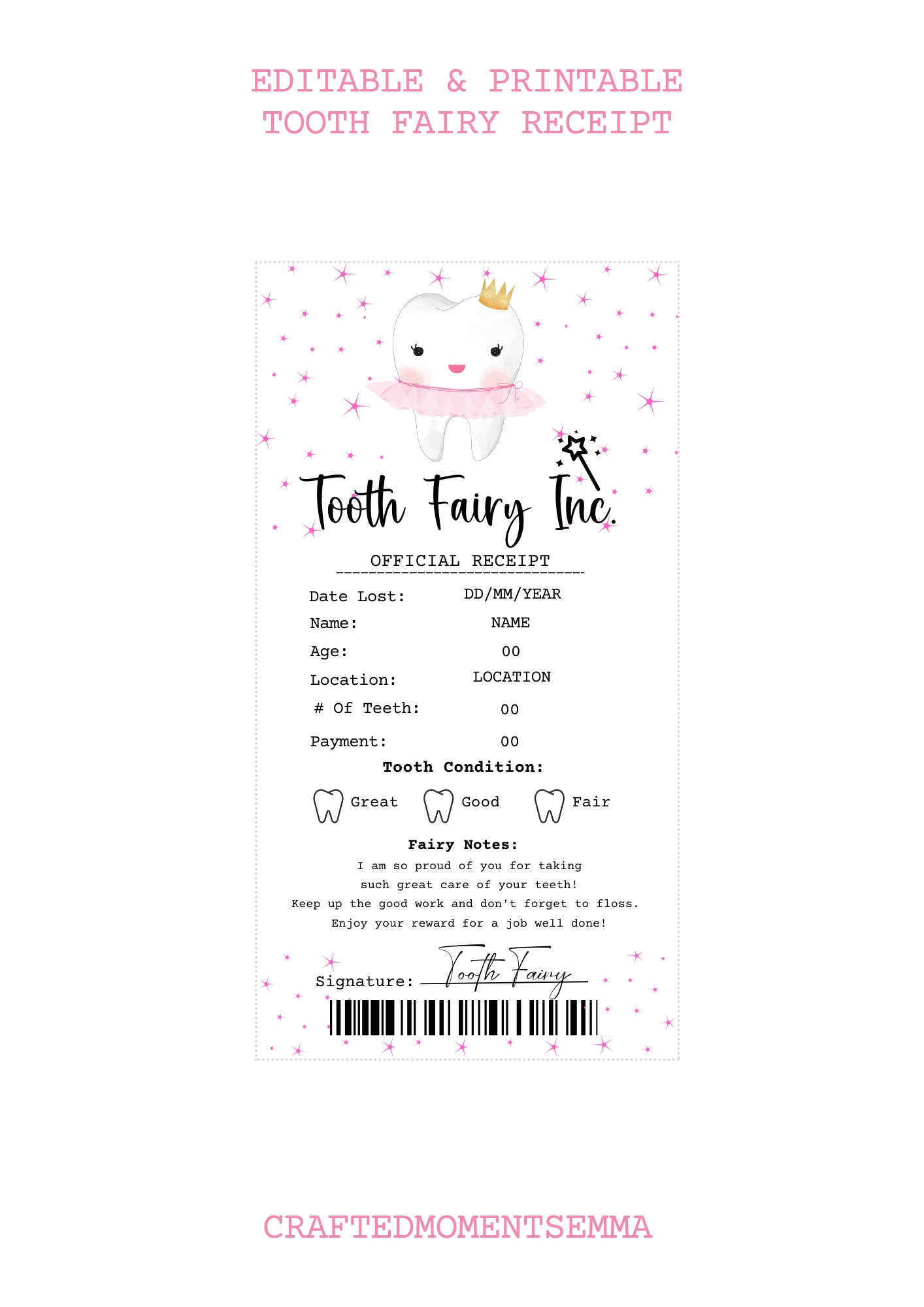 Editable & Printable Tooth Fairy Receipt for Girls, Pink Tooth Fairy ...