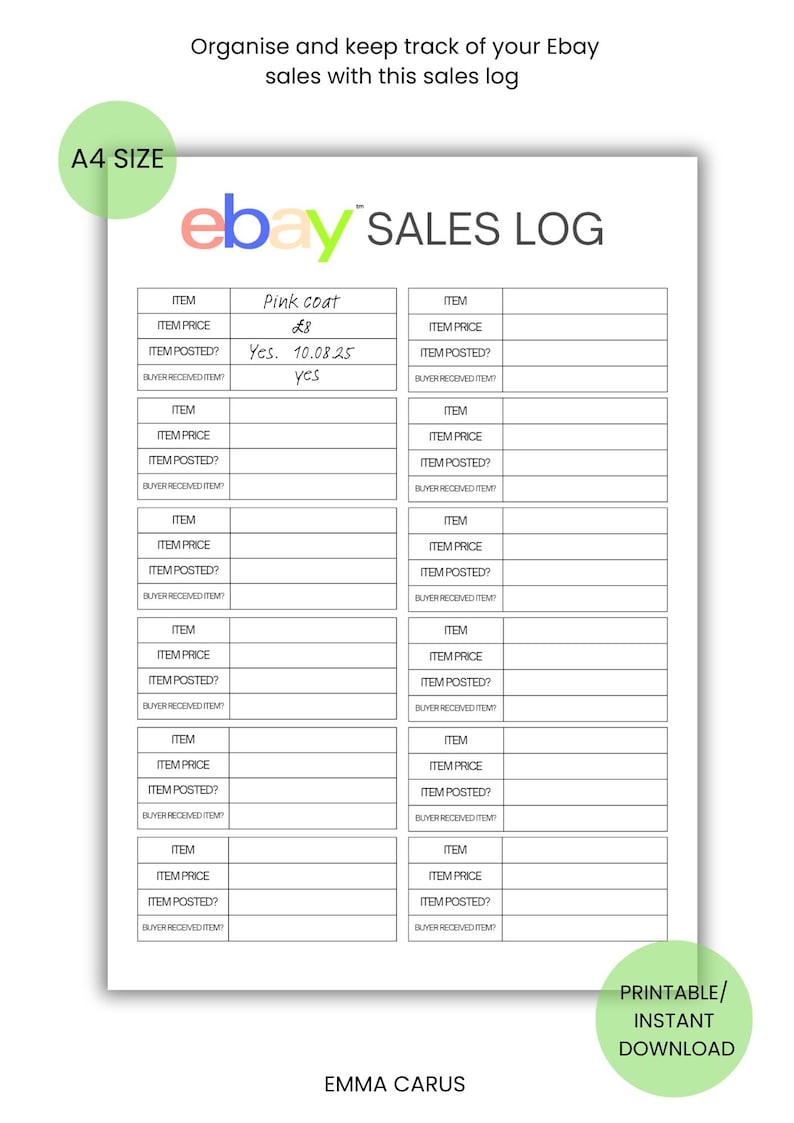 Printable Ebay Sales Log, Simple Minimalist Style, Instant Download, A4 ...