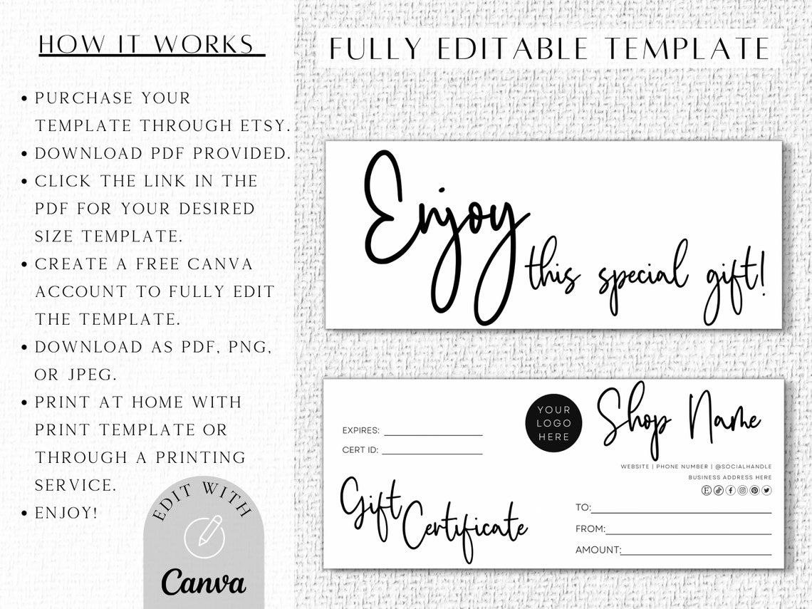 Gift Certificate Template Printable Gift Voucher Editable - Etsy