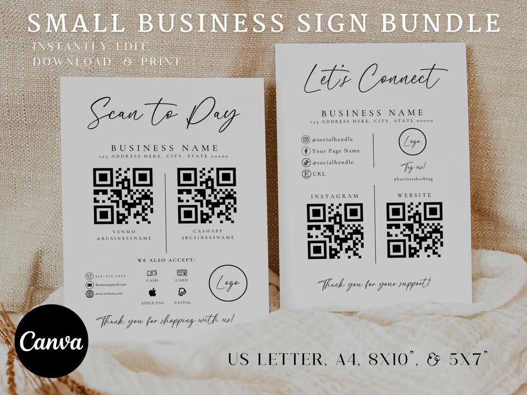 Business Sign Template Bundle, Custom QR Code Sign, Editable Social ...