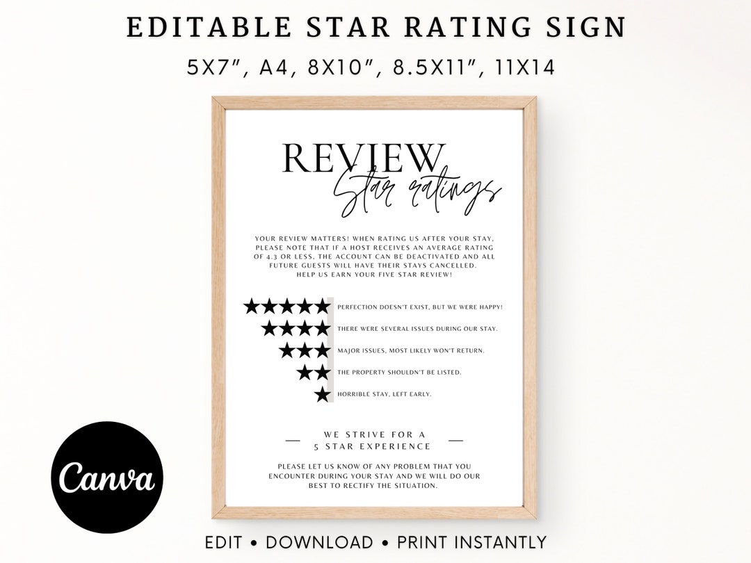 5 Star Rating Explanation Sign Template, Editable Airbnb Star Rating ...
