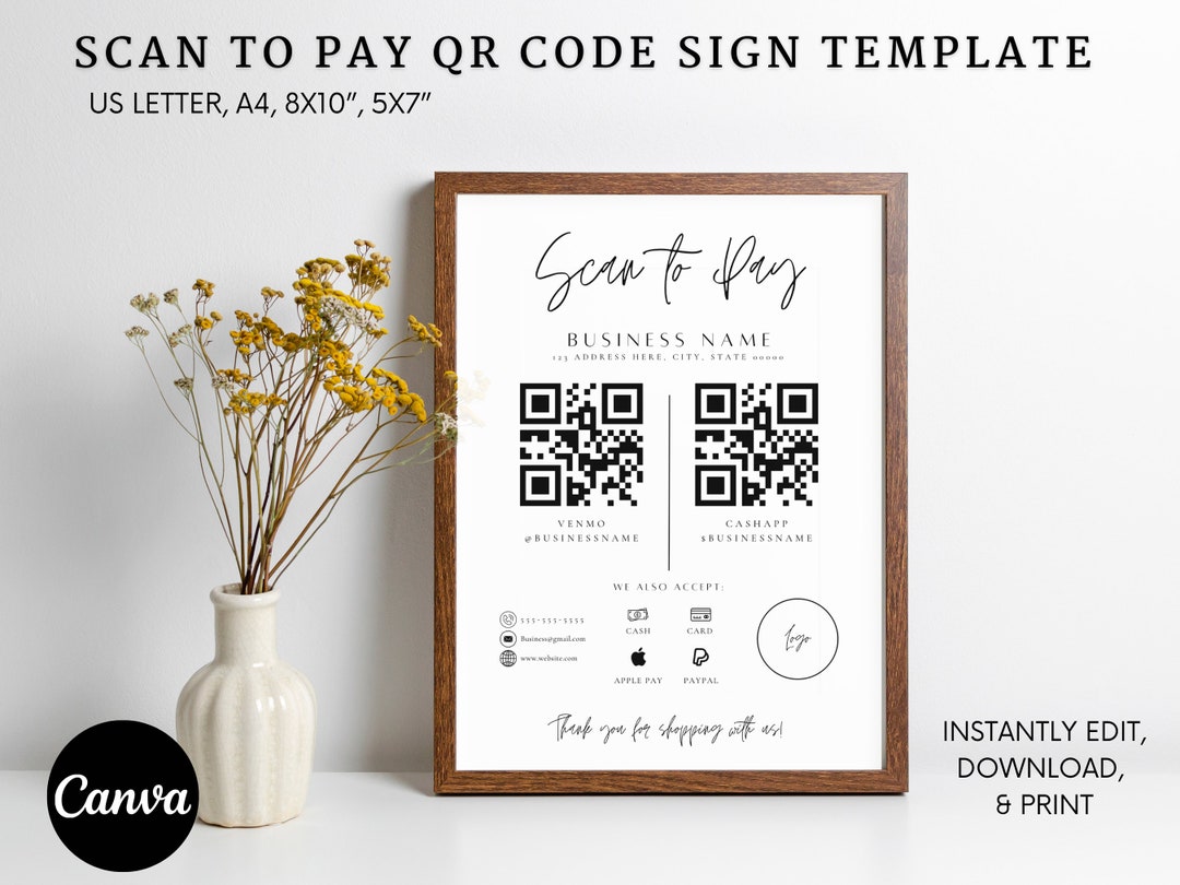 Editable Scan to Pay Sign, QR Code Sign Template, Printable Payment ...