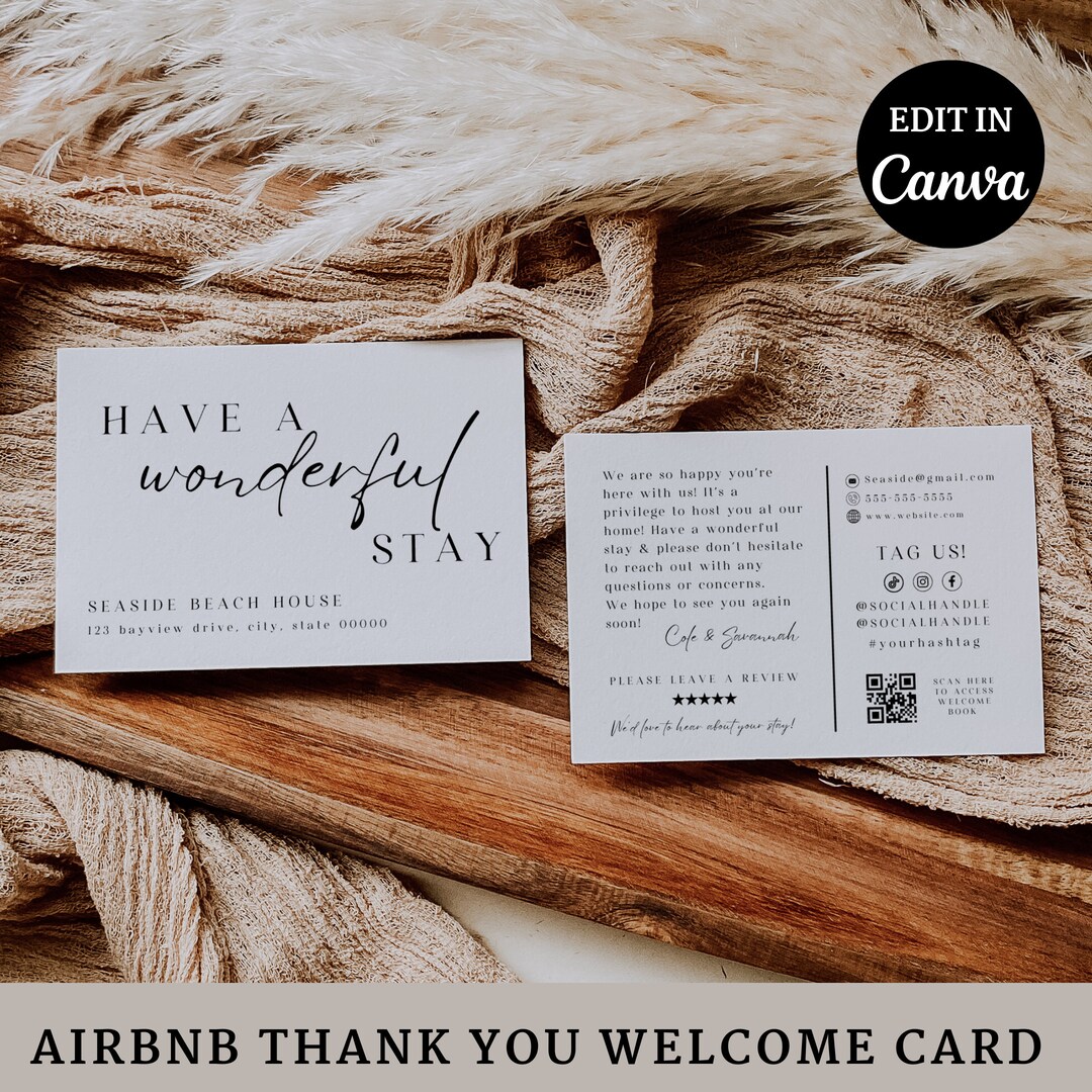 Airbnb Host Editable Welcome Card for Guests Airbnb Host Thank You Card ...