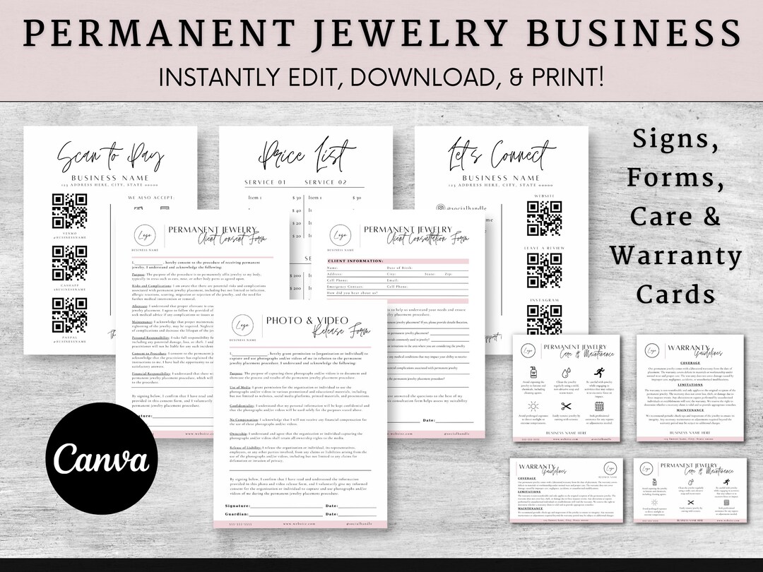 Permanent Jewelry Business Bundle, Editable Permanent Jewelry Consent ...