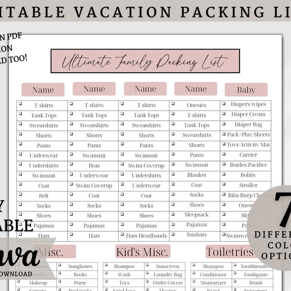 Family Packing List - Etsy