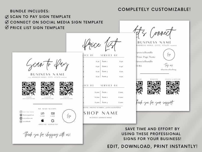 Business Sign Template Bundle QR Code Sign Social Media - Etsy