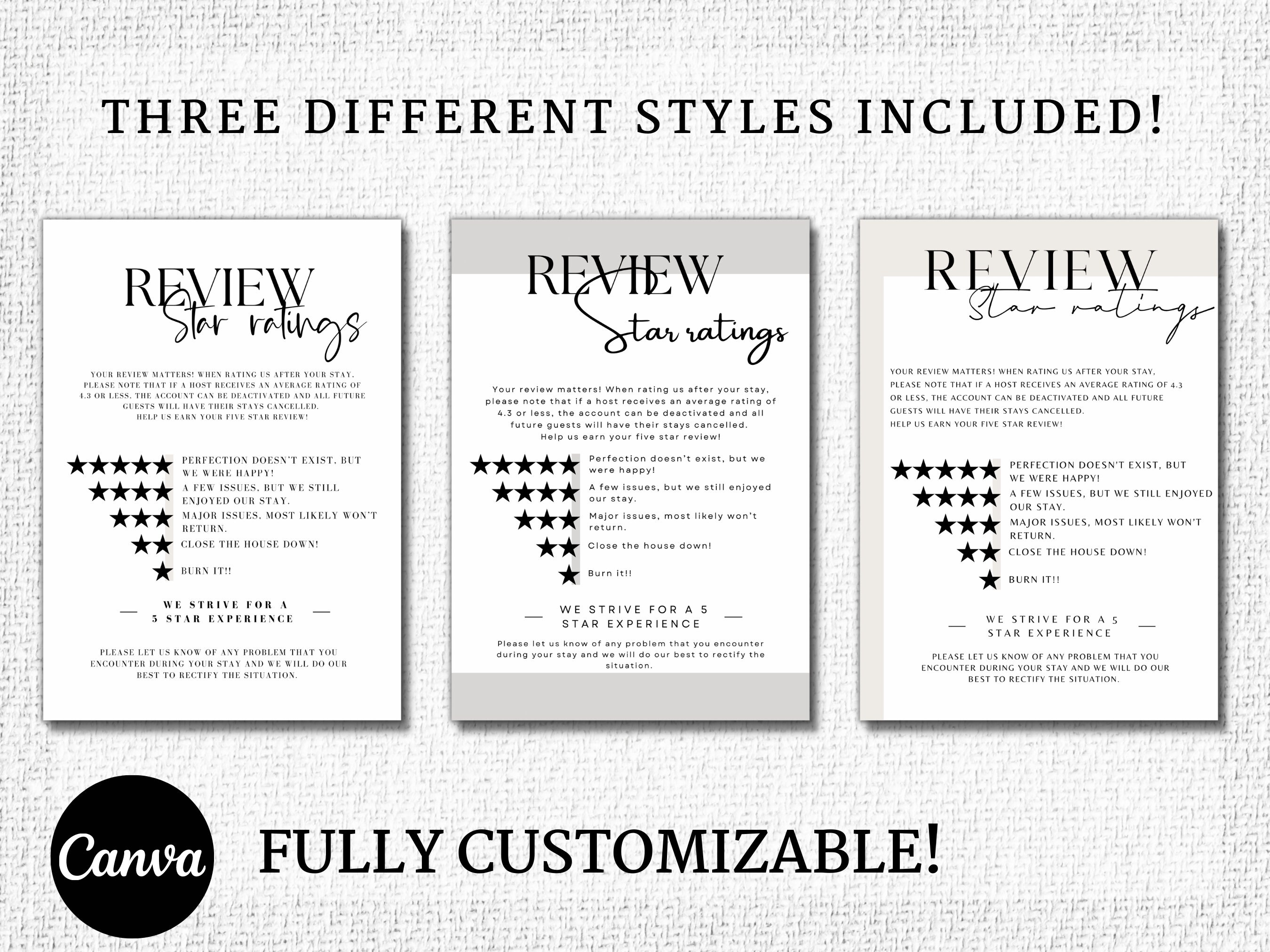 5 Star Rating Explanation Sign Template Editable Airbnb Star - Etsy ...