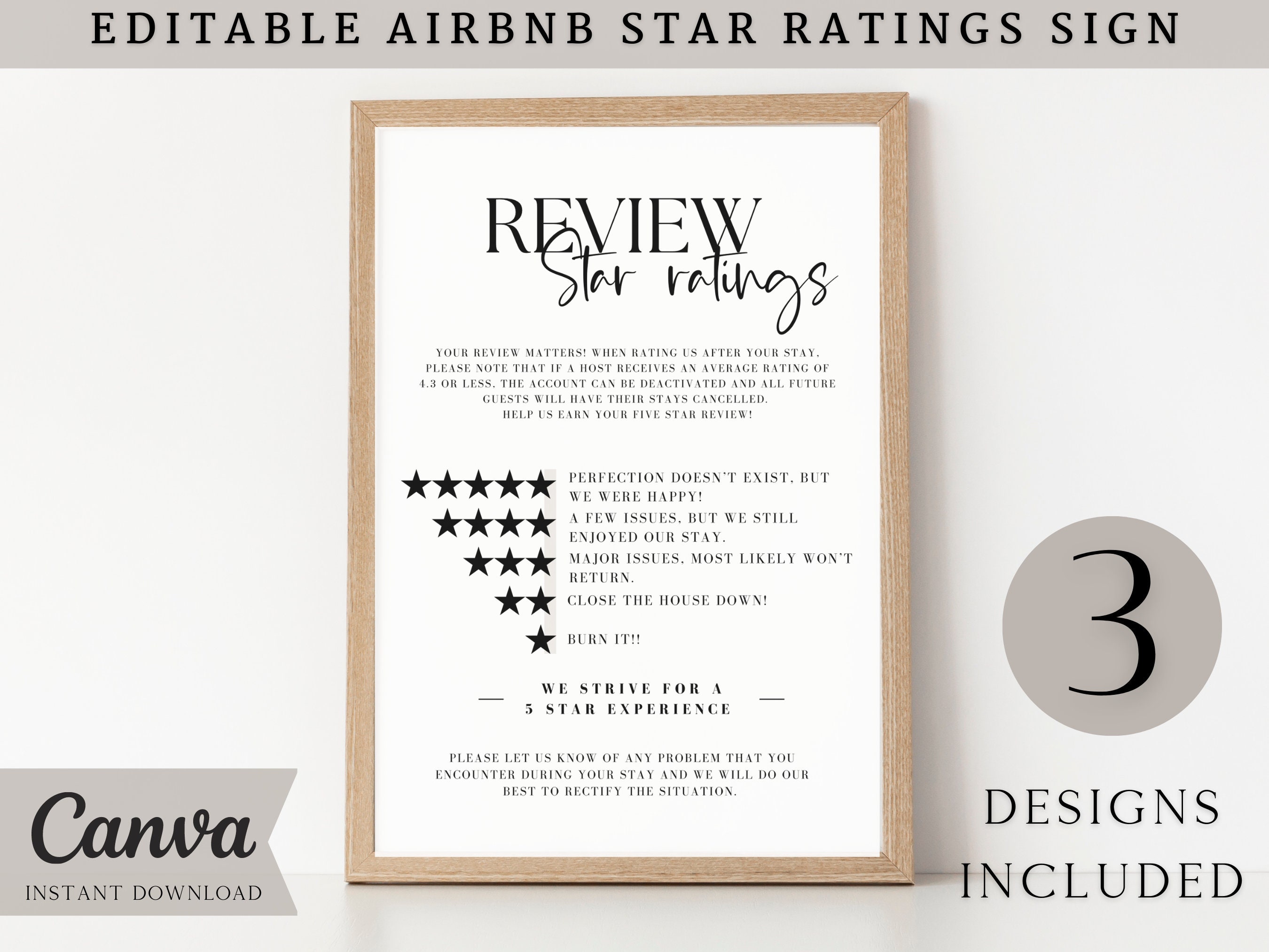 5 Star Rating Explanation Sign Template Editable Airbnb Star - Etsy UK