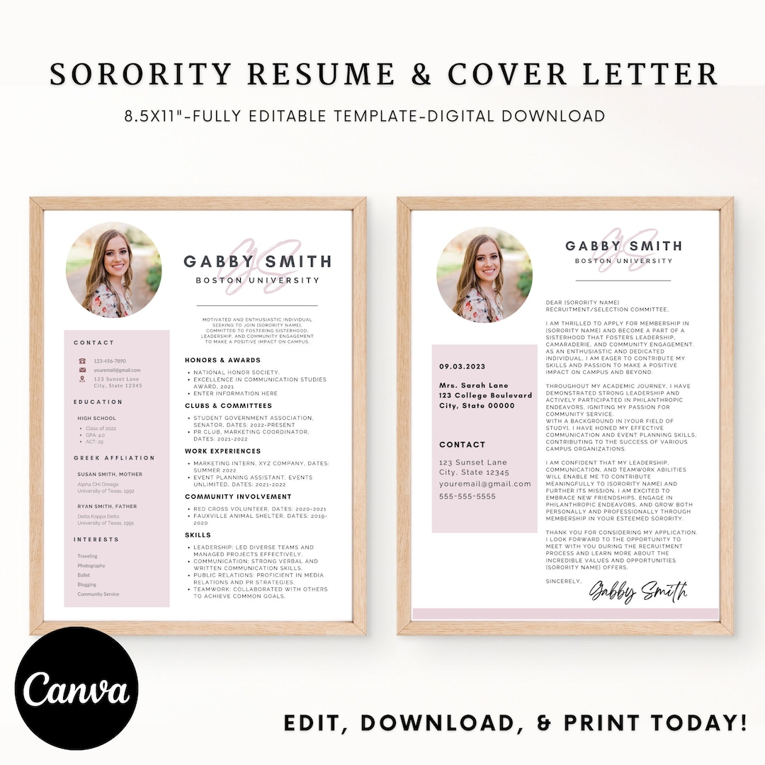 Sorority Resume Template and Cover Letter | Social Resume With Photo ...